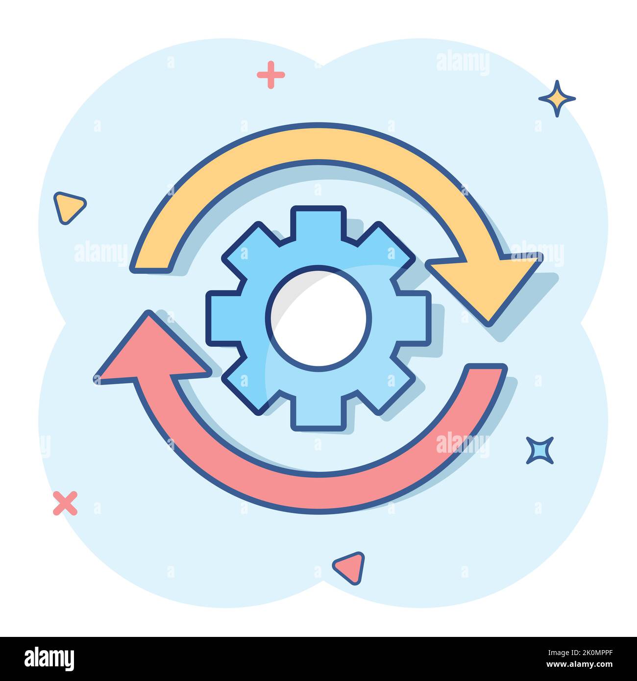 Workflow process icon in comic style. Gear cog wheel with arrows vector ... Workflow process icon in comic style. Gear cog wheel with arrows vector ...