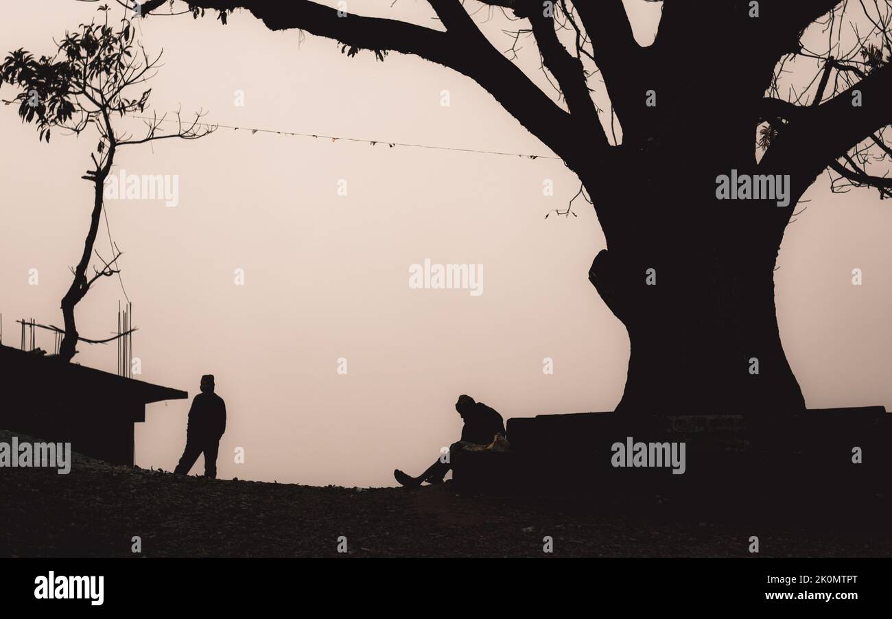 A silhouette of a man sitting under a tree while another person is ...