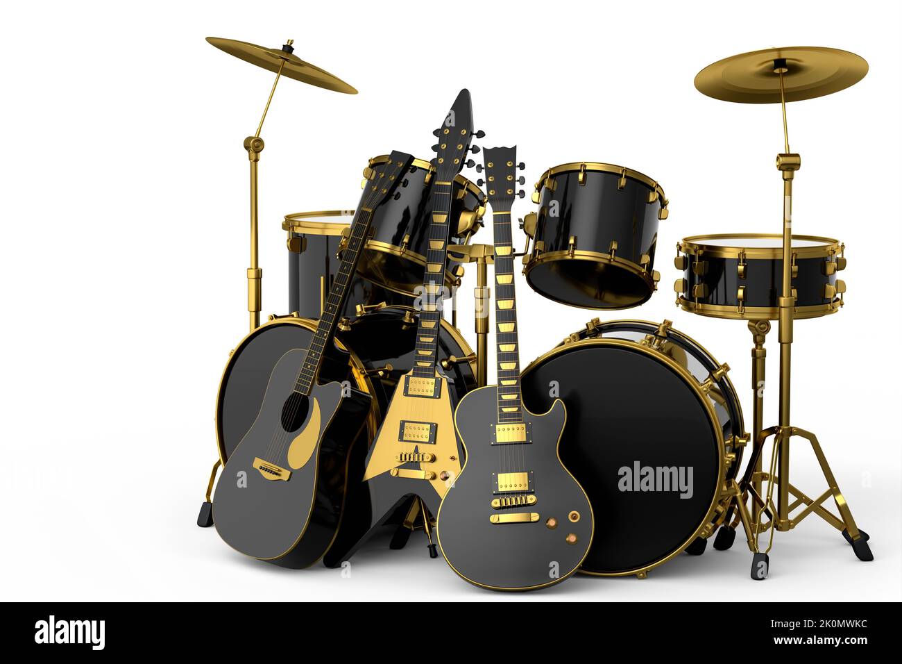 Set of realistic drums with metal cymbals on stands and acoustic ...