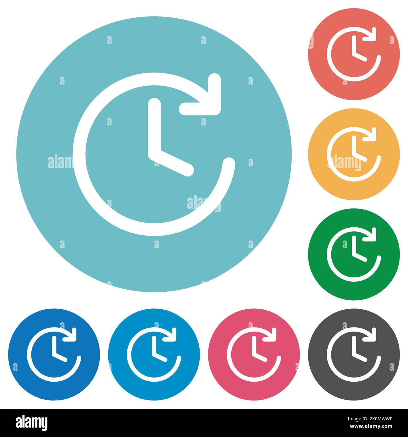 Circle shaped forward arrow and clock flat white icons on round color ...