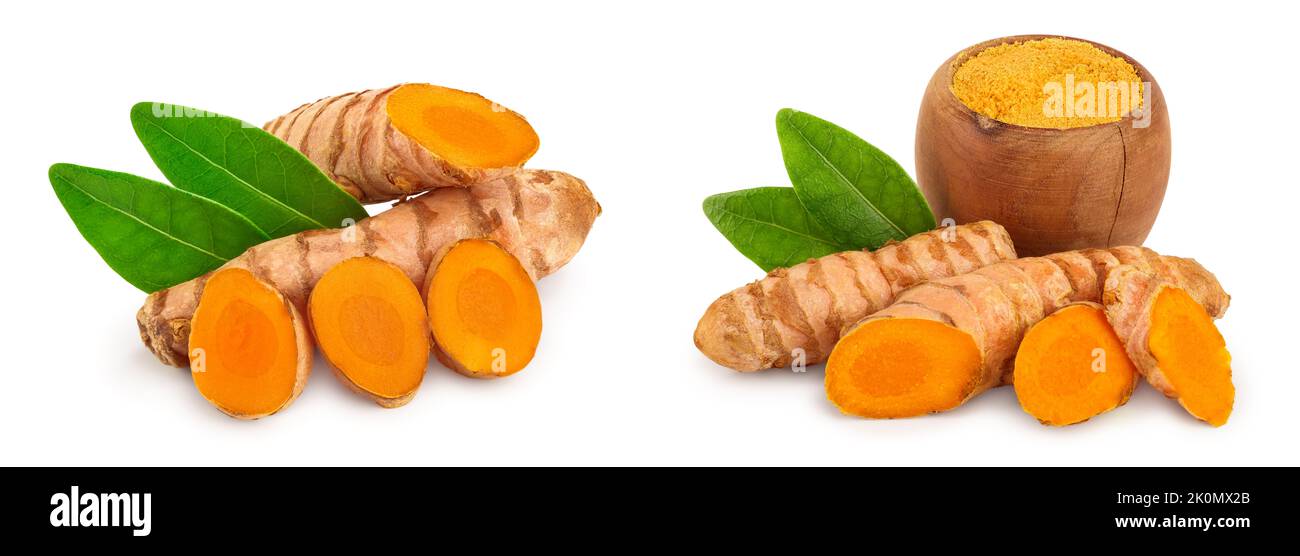 turmeric root and slices isolated on white background Stock Photo - Alamy