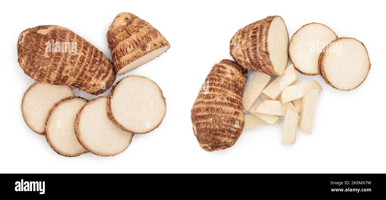 fresh taro root isolated on white background. Top view. Flat lay. Set ...