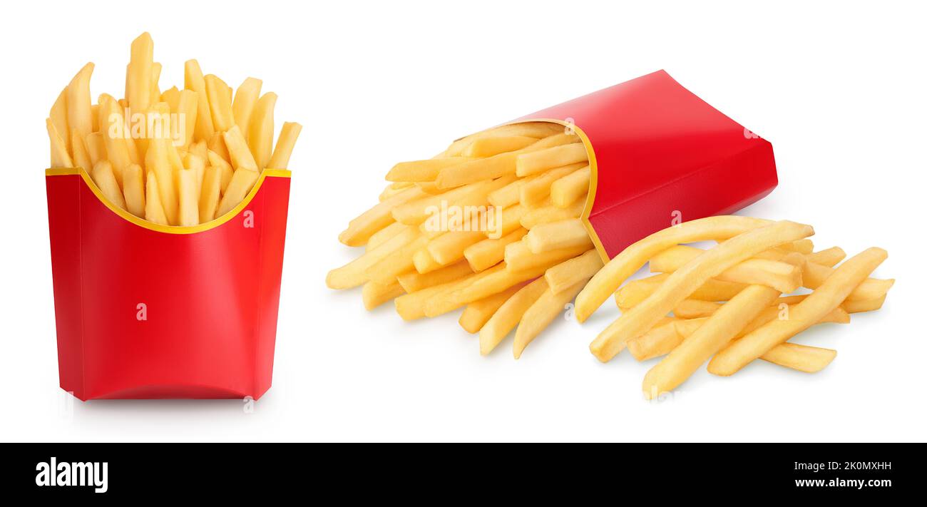 French fries or fried potatoes in a red carton box isolated on white ...