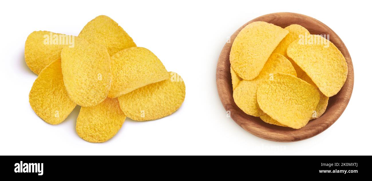 Potato chips isolated on white background with full depth of field. Top ...