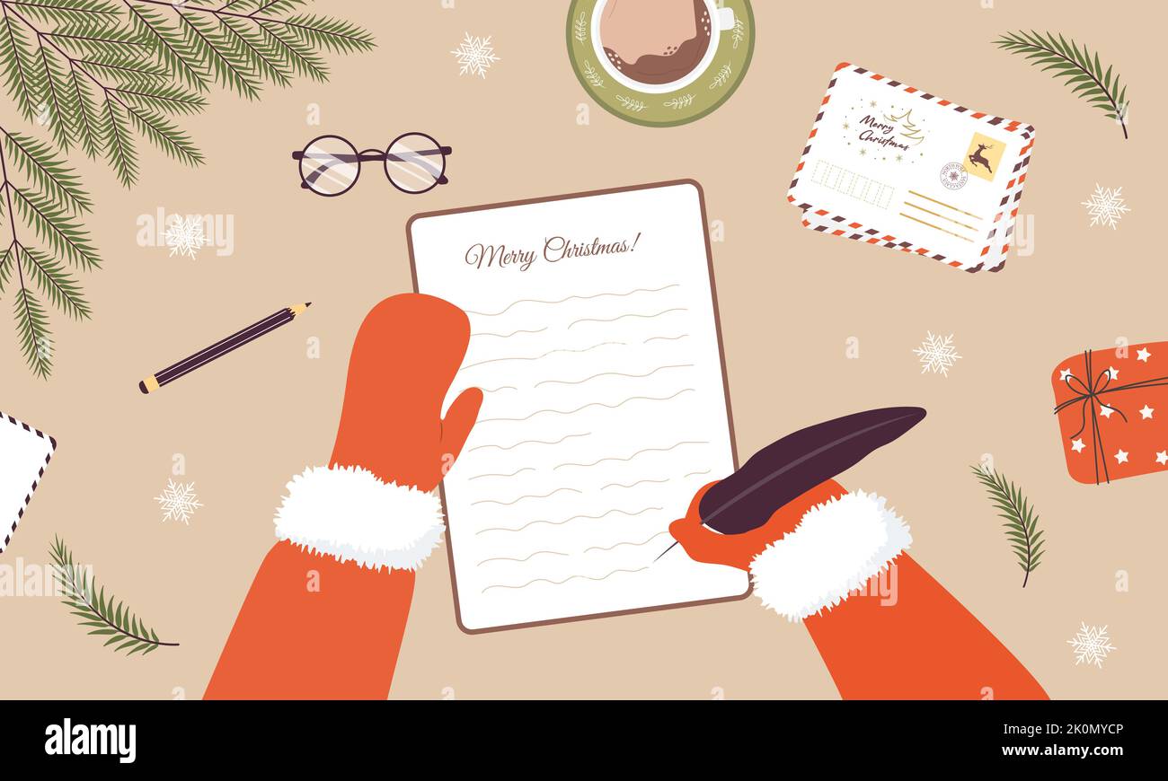 Santa Claus write christmas letter to children. Winter holiday wishes ...