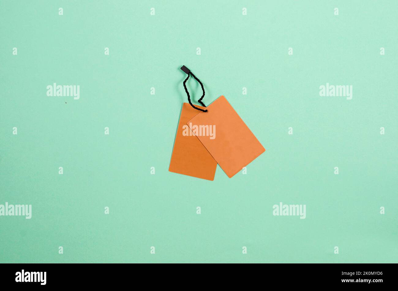Empty brown cardboard tag with string on turquoise background. Vintage ...