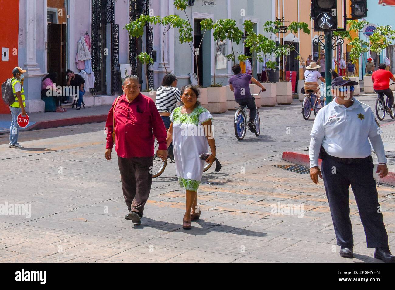 People walking on a Sunday, historical center of Merida, Mexico Stock ...