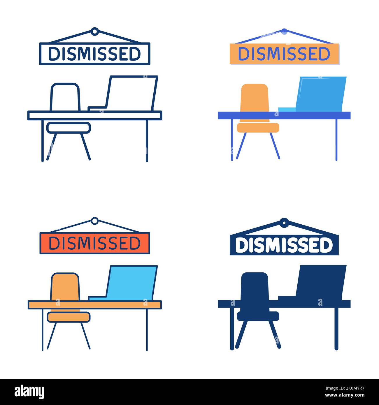 Office workplace with Dismissed sign icon set in flat and line style ...