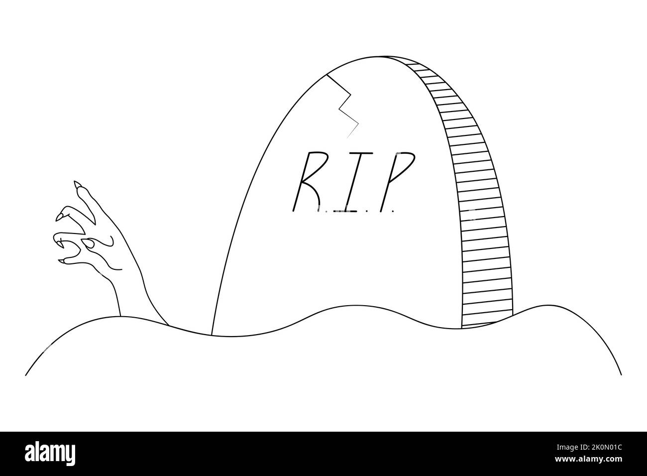 The dead man's hand reaches out from under the gravestone. Inscription ...