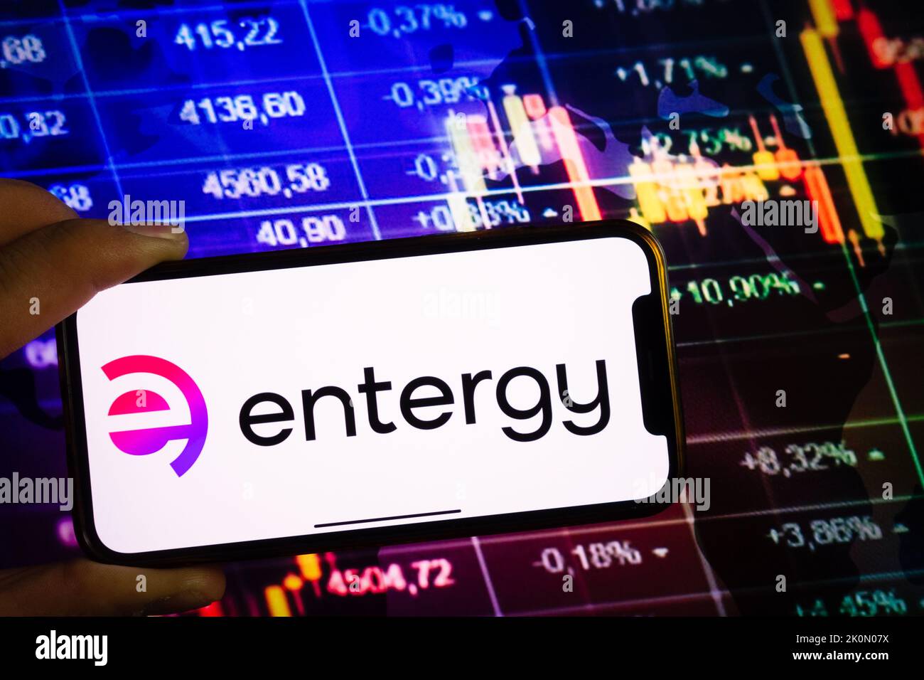 KONSKIE, POLAND - September 10, 2022: Smartphone displaying logo of Entergy company on stock ...