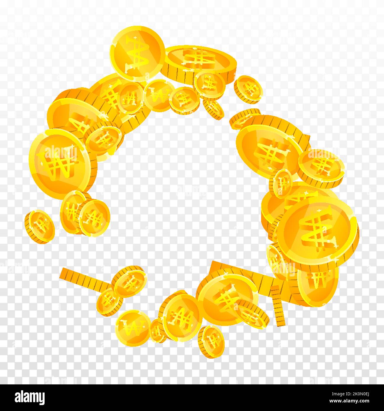 Korean won coins falling. Scattered gold WON coins. Korea money. Global ...
