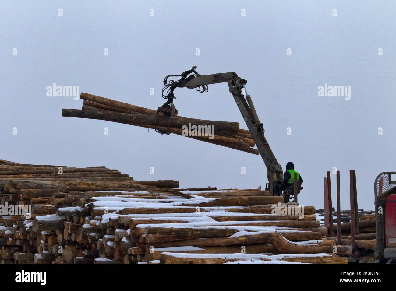 Forest industry. Operations for loading-unloading logging truck at ...