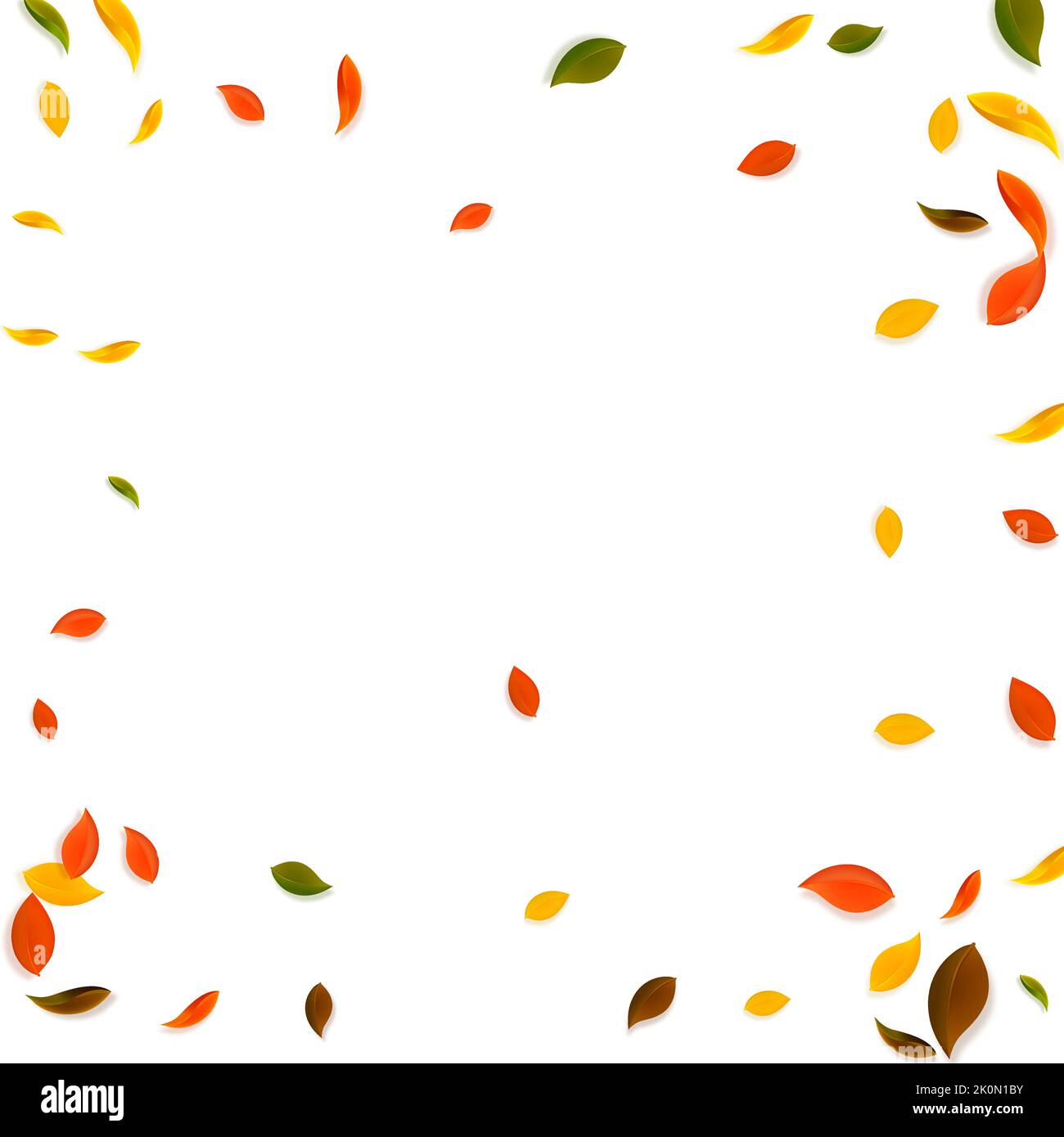 Falling autumn leaves. Red, yellow, green, brown chaotic leaves flying ...
