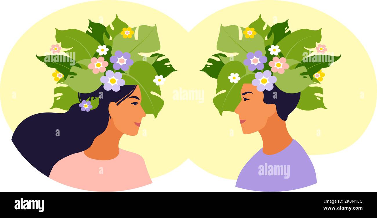 Mental health, happiness, harmony concept. Happy female and male head ...