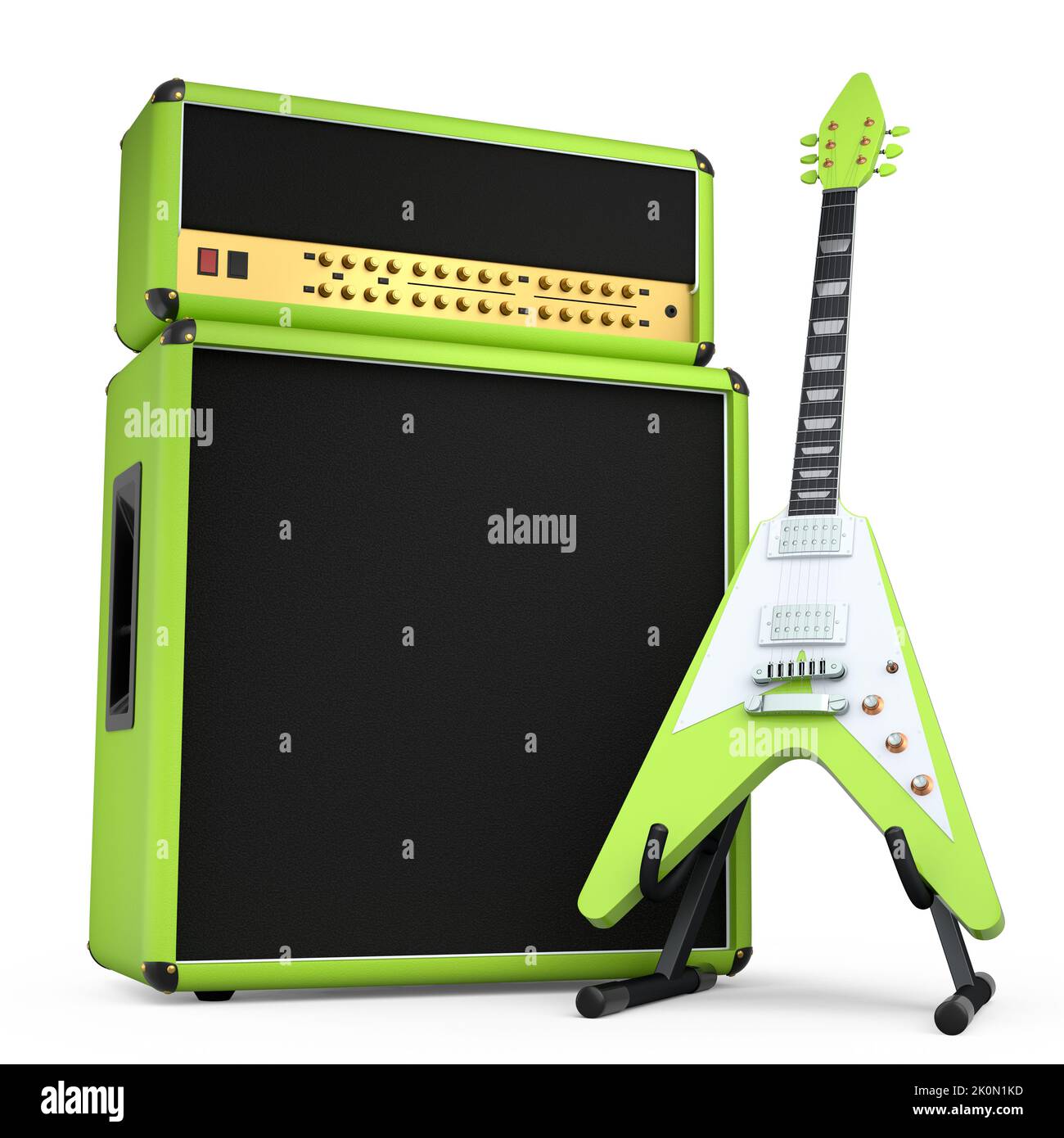 Classical amplifier with acoustic guitar on stand isolated on white ...