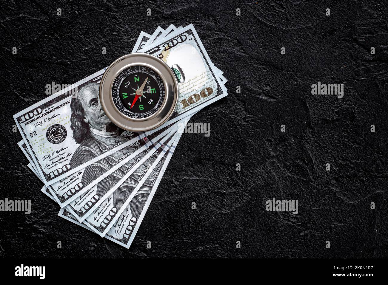 Compass and money cash. Exchange quotes of currencies concept Stock ...