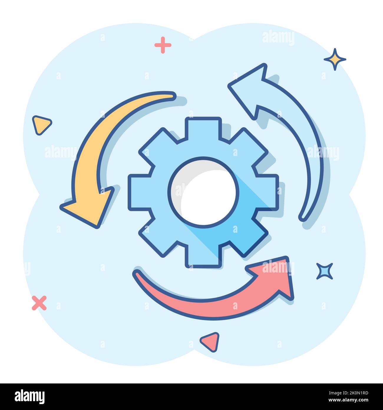 Workflow process icon in comic style. Gear cog wheel with arrows vector ...