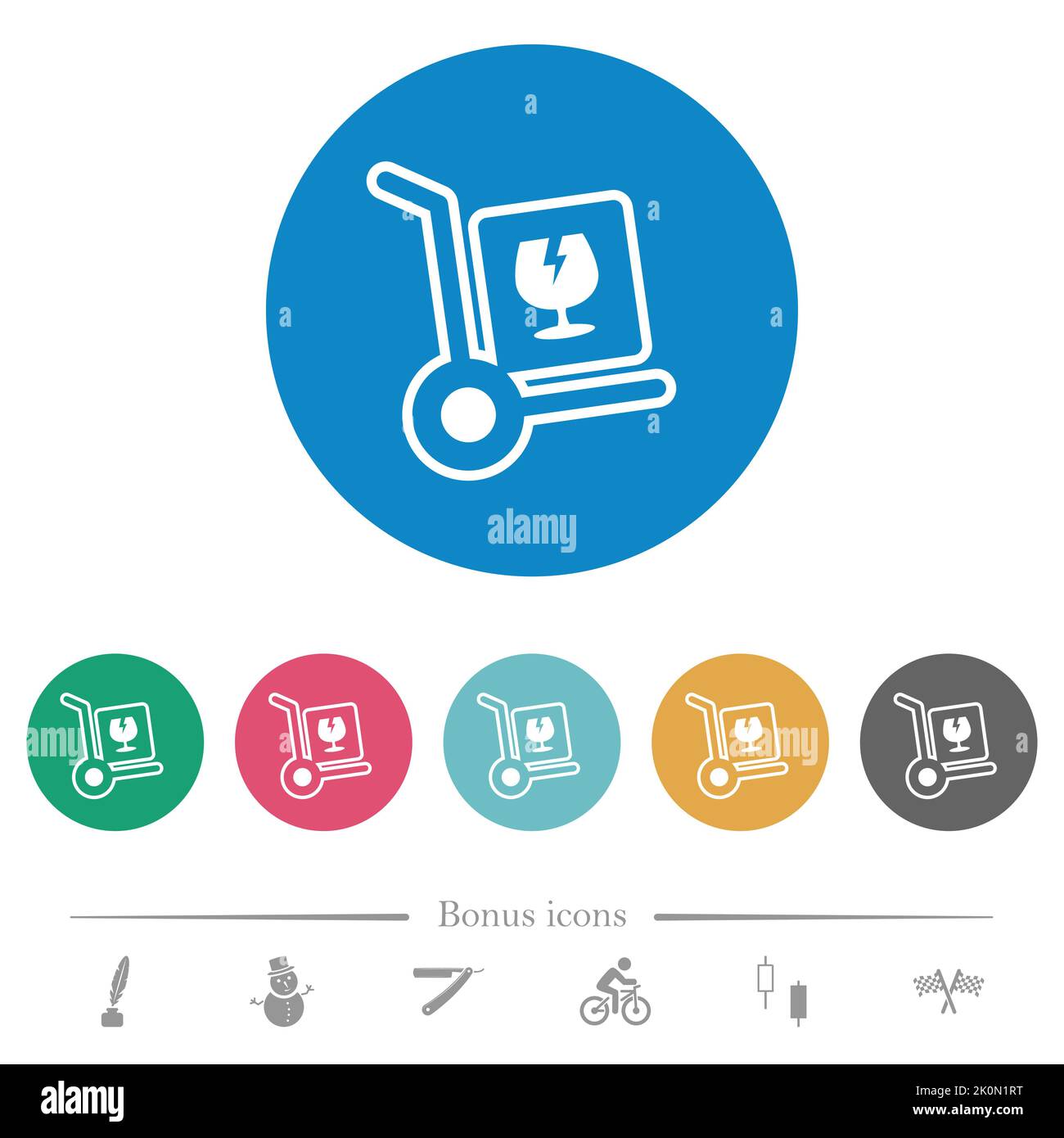 Fragile parcel delivery outline flat white icons on round color backgrounds. 6 bonus icons ...