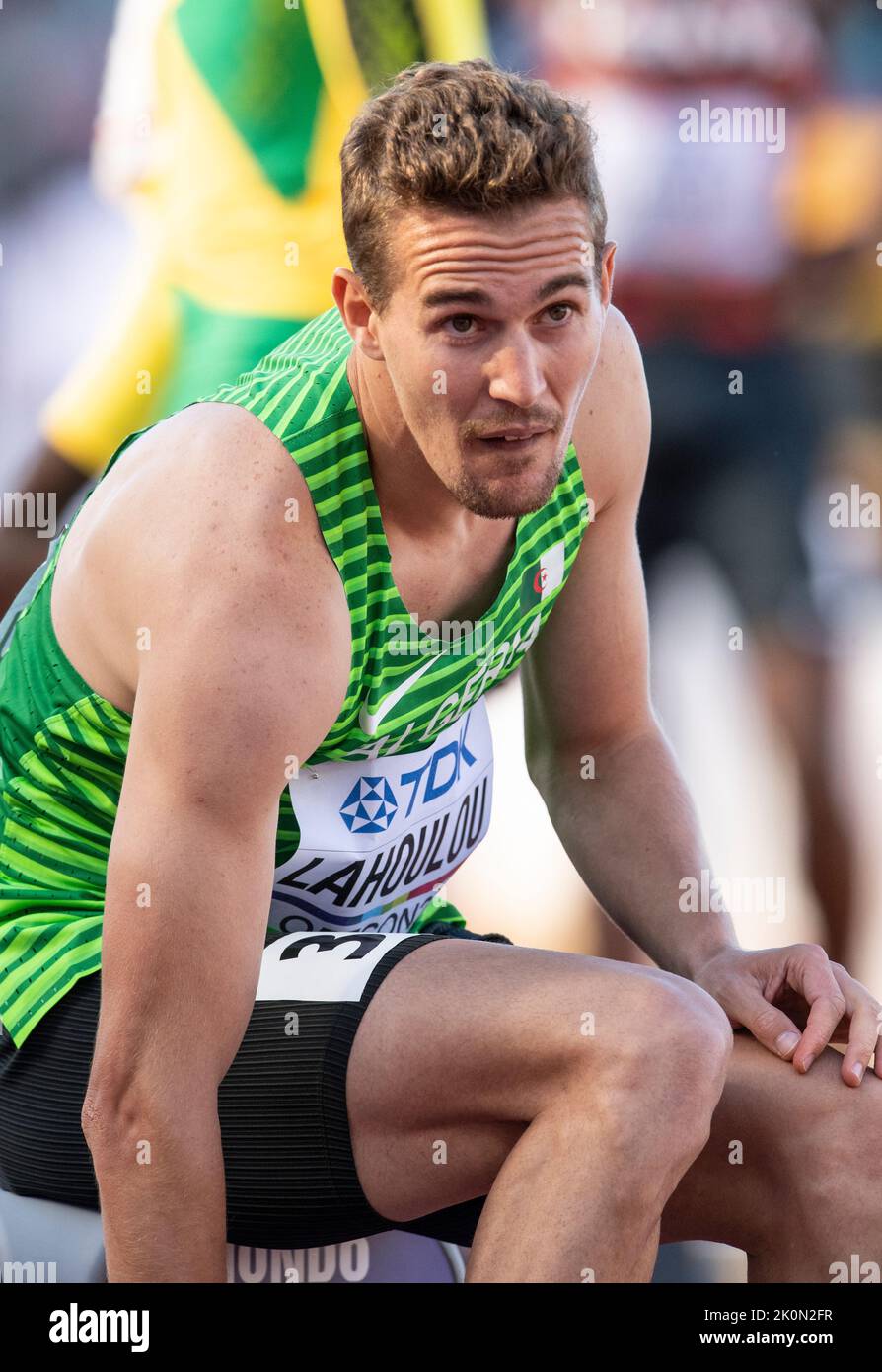 Abdelmalik Lahoulou of Algeria competing in the men’s 400m hurdles at ...