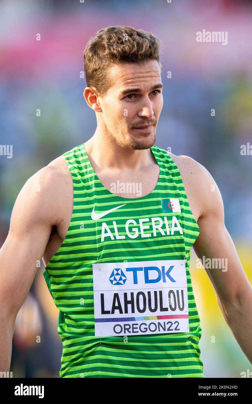 Abdelmalik Lahoulou of Algeria competing in the men’s 400m hurdles at ...