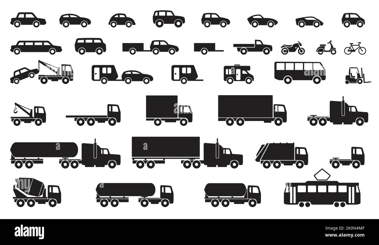 large collection set of simple vehicle black silhouette side view icon ...