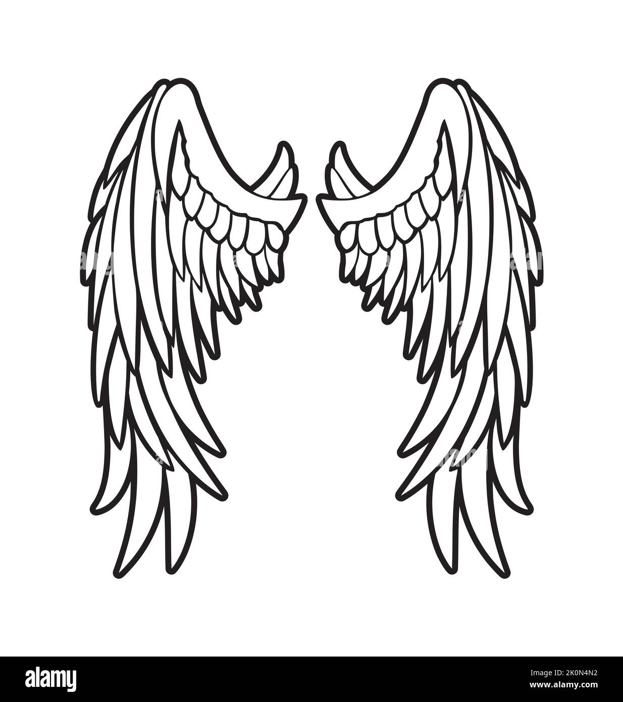 classic beautiful angel feathered bird wings black and white outline ...