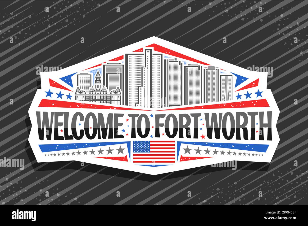 Vector logo for Fort Worth, white badge with outline illustration of ...