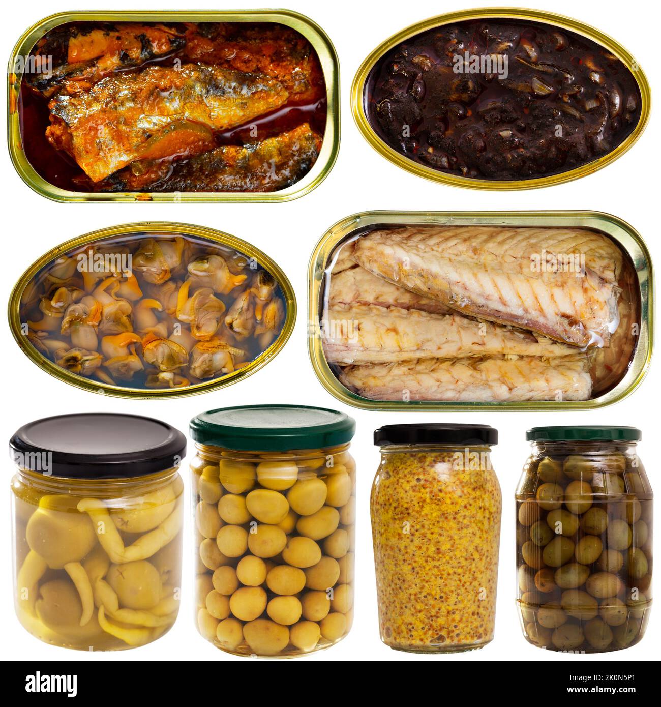 Assorted various canned goods with meat, vegetables and seafood on a ...