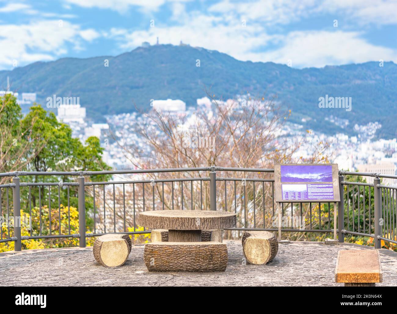 nagasaki, kyushu - december 14 2021: Concrete benches and table carved ...
