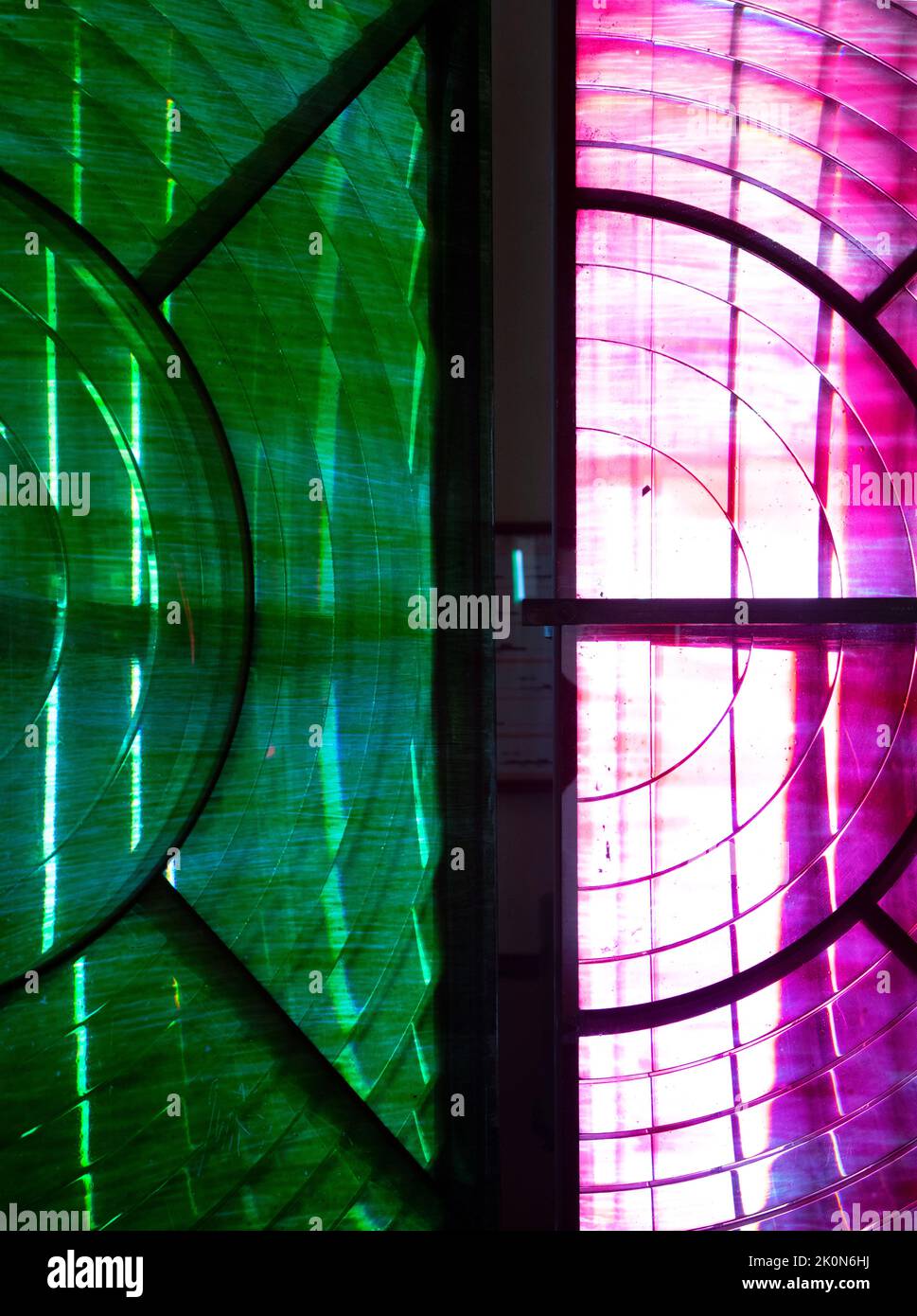Red and green sector lights inside the old Dungeness lighthouse, Kent ...