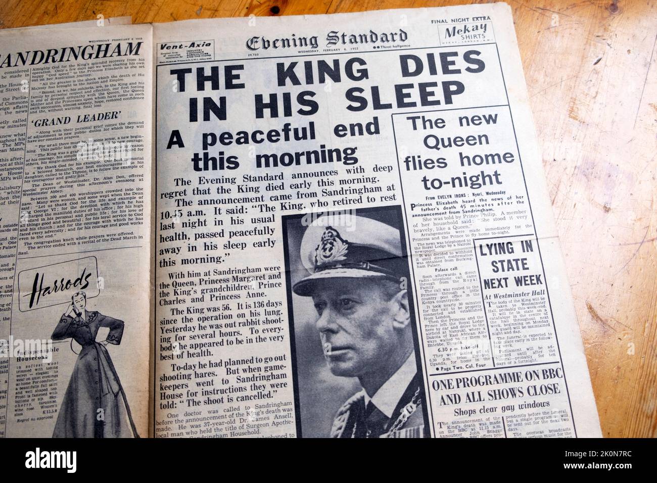 King George VI front page Evening Standard newspaper headline 'The King ...