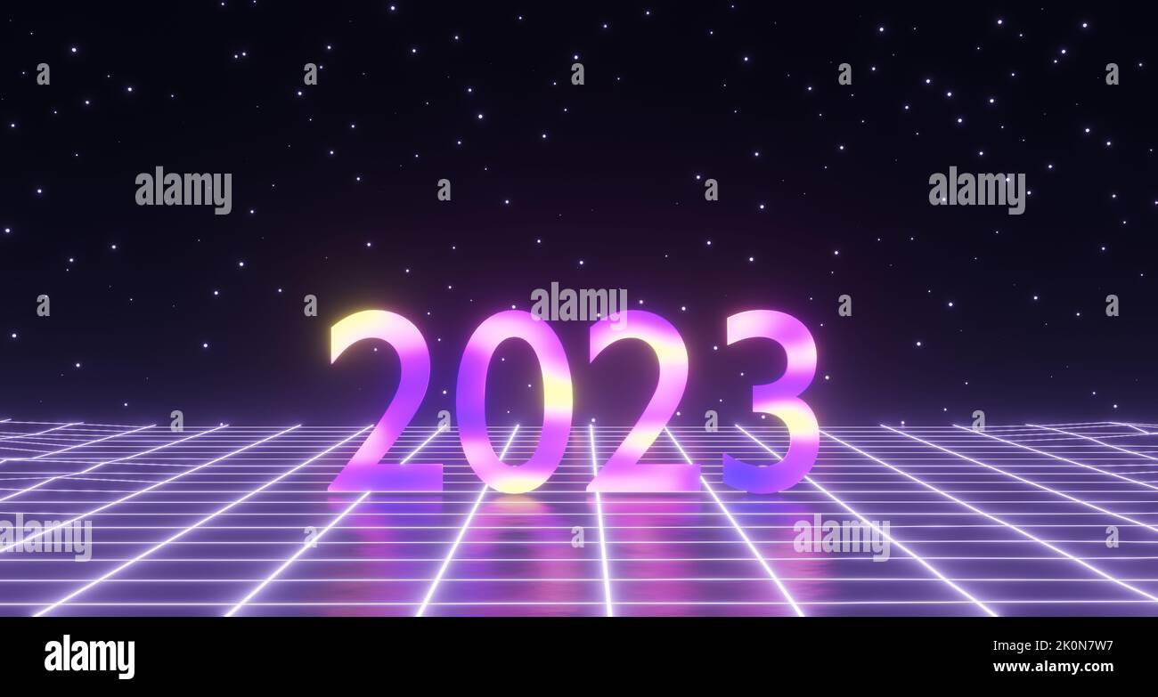2023 new year numbers, 3d render with neon lighting Stock Photo - Alamy