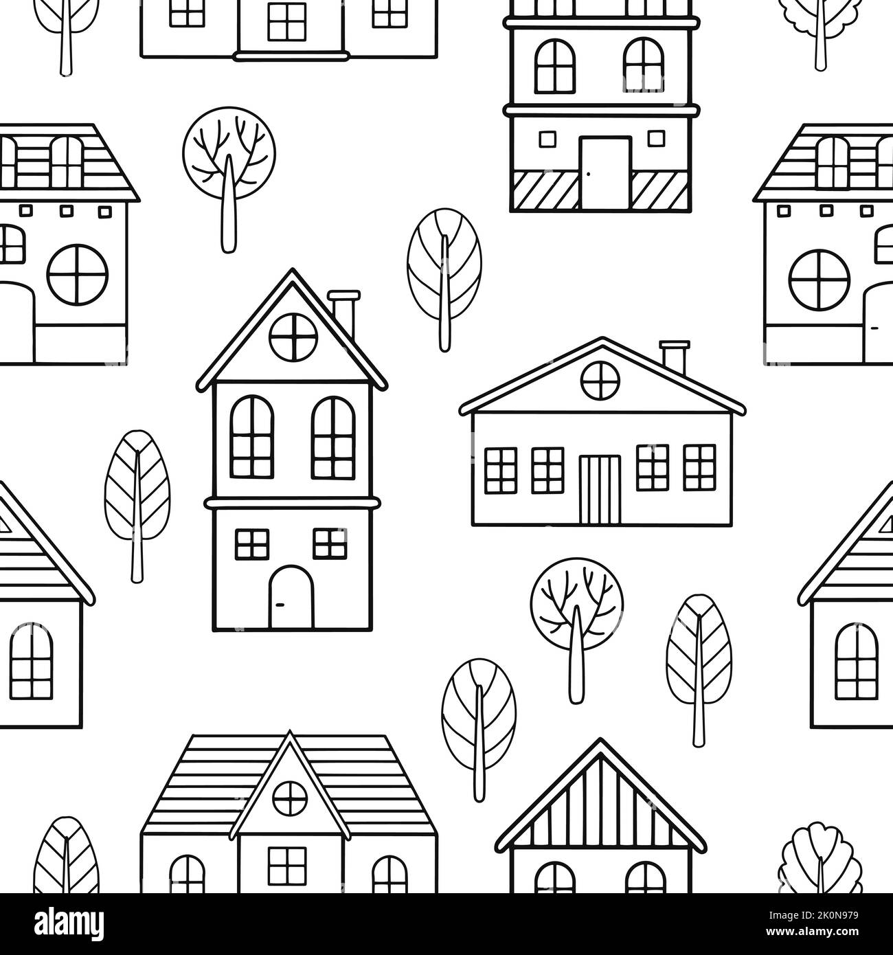 Houses seamless pattern. Vector hand-drawn illustration of a building ...