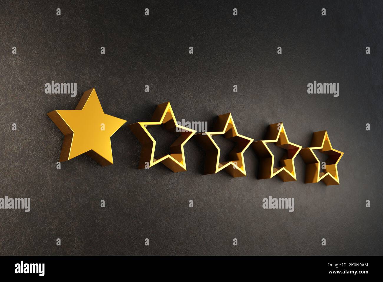 One out of five shiny golden stars on a rusty metallic plate ...