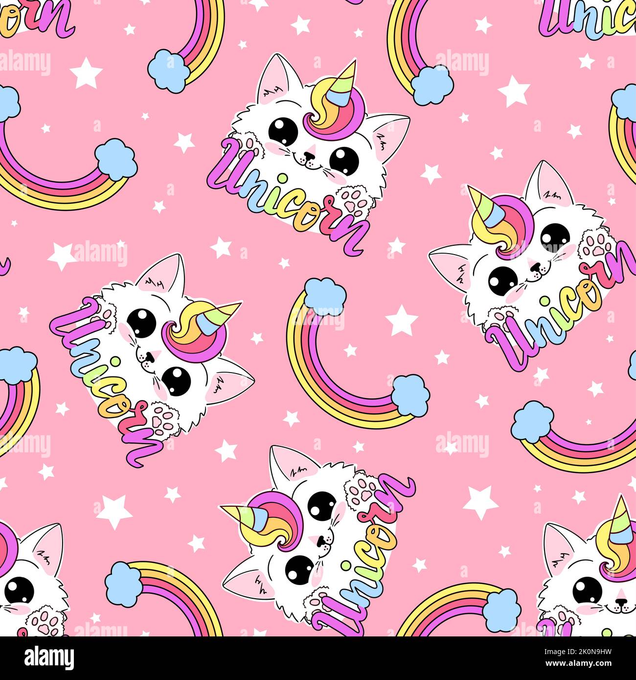 Seamless pattern with a unicorn cat and a rainbow on a pink background ...
