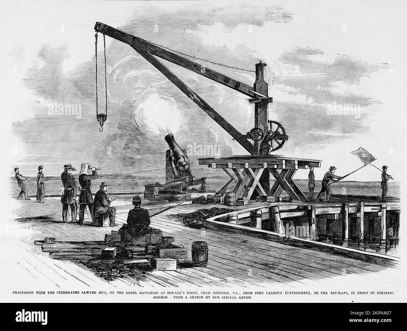 Practicing with the celebrated Sawyer gun, on the Rebel batteries at ...