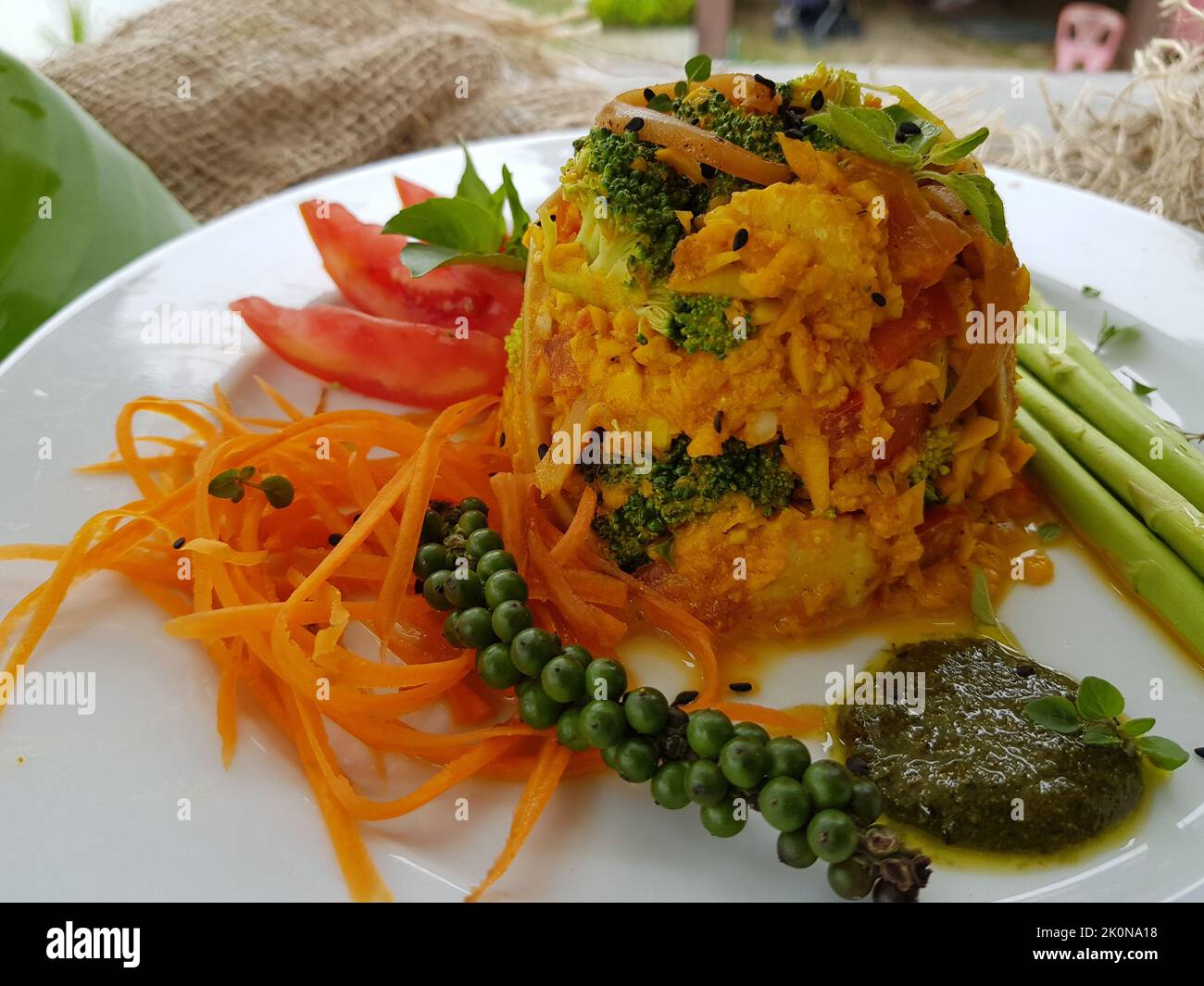 Vegetarian dish of chopped vegetables with sauce, similar to fried rice ...