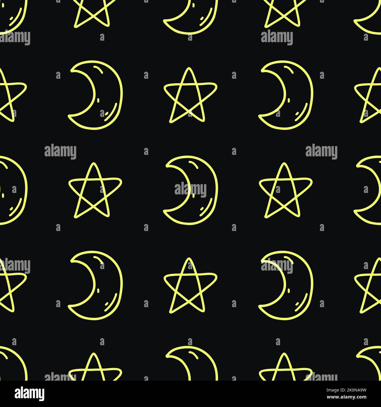 Seamless pattern with doodle moon and stars in neon yellow color on ...