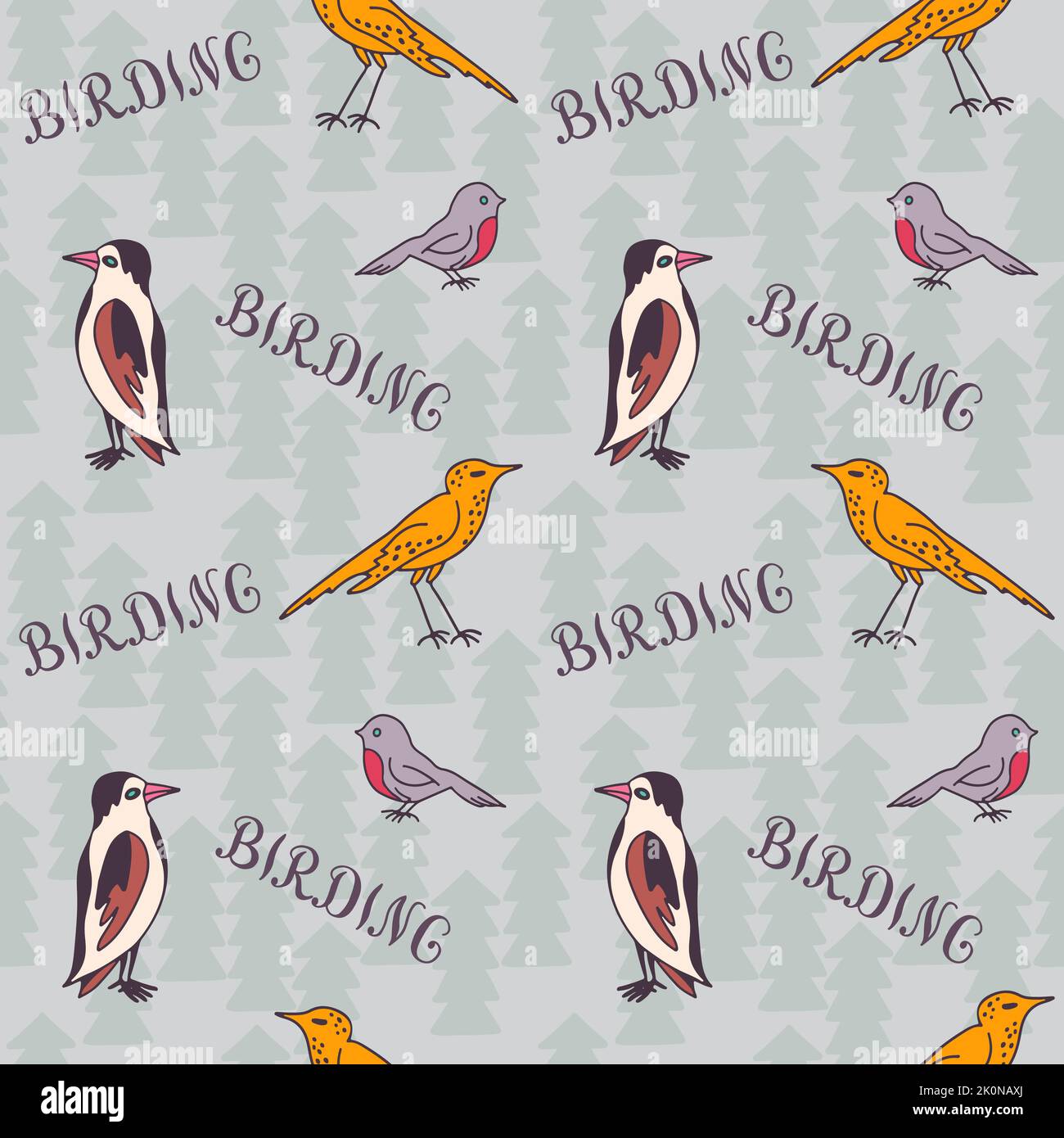 Birding seamless pattern. Birds and word Birding on forest background ...