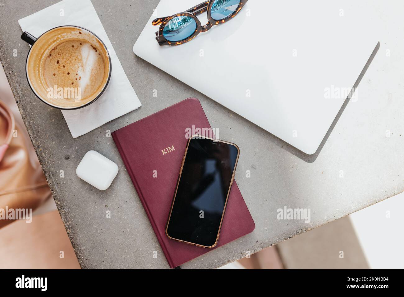Overhead shot of young professional femaleâ€™s work supplies Stock ...