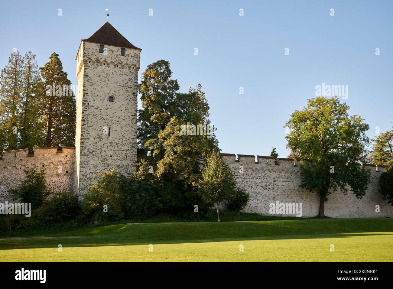 Facade of Museggmauer city wall with tower in Switzerland Stock Photo ...