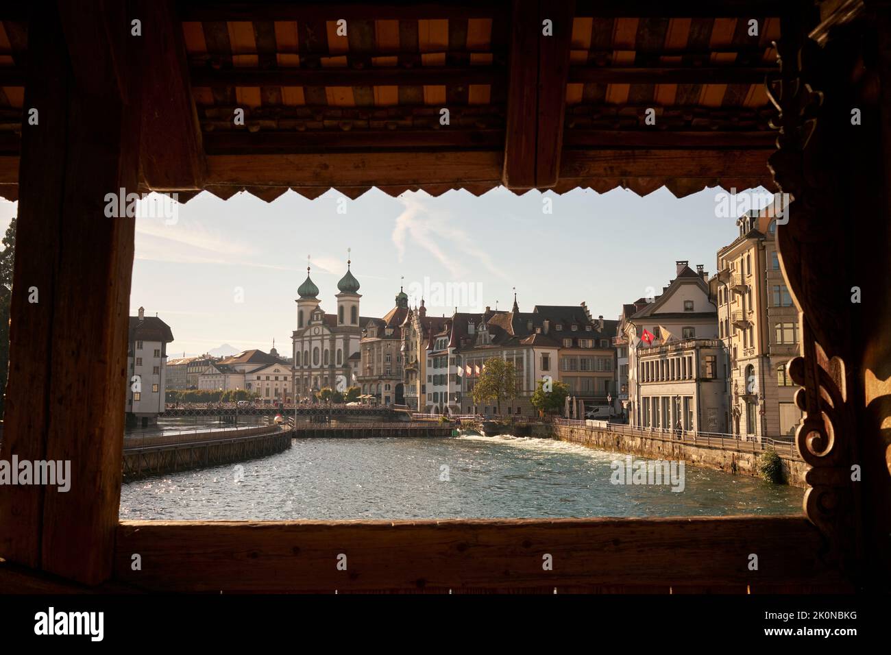 Town and river behind bridge window Stock Photo - Alamy