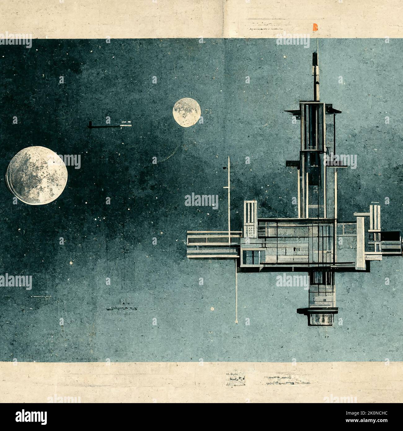 Science Fiction posters of space stations as mechanical drawings Stock ...