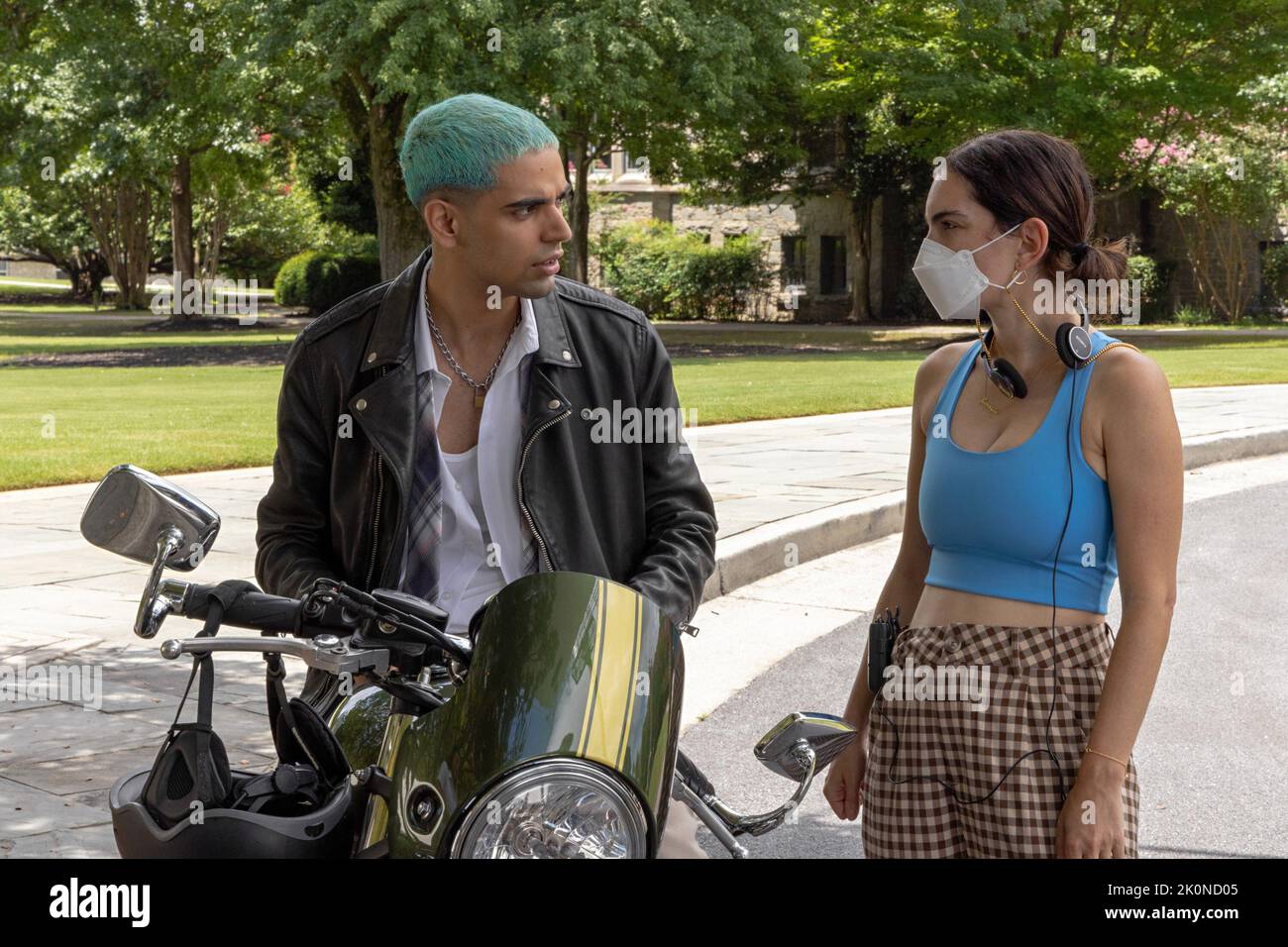 DO REVENGE, from left: director Rish Shah, Jennifer Kaytin Robinson, on set, 2022. ph: Kim Simms ...