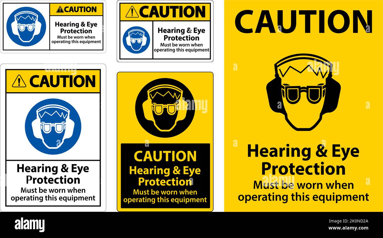 Caution Hearing and Eye Protection Sign On White Background Stock ...