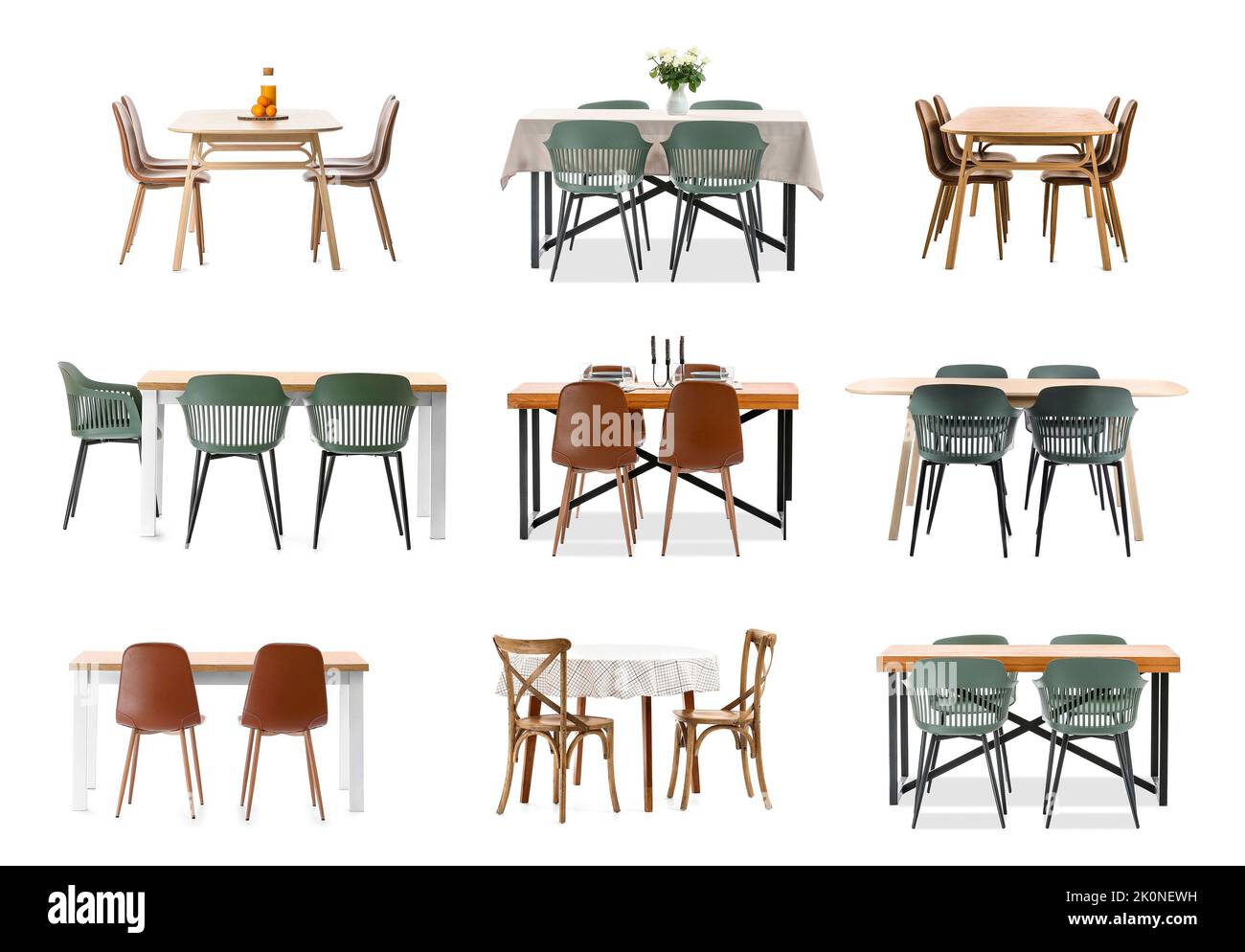 Collage of dining table and chairs on white background Stock Photo - Alamy