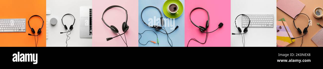 Collage of headsets, cups of coffee, laptop, computer keyboards ...