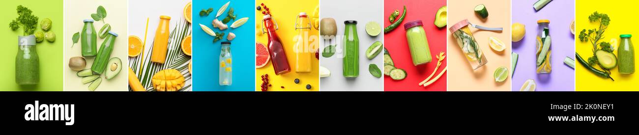 Collection of bottles with detox beverages on color background, top ...
