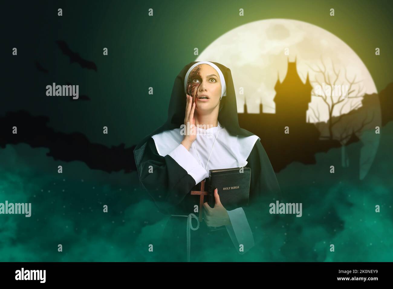 Poster with shocked nun with scars on face, moon and creepy castle ...