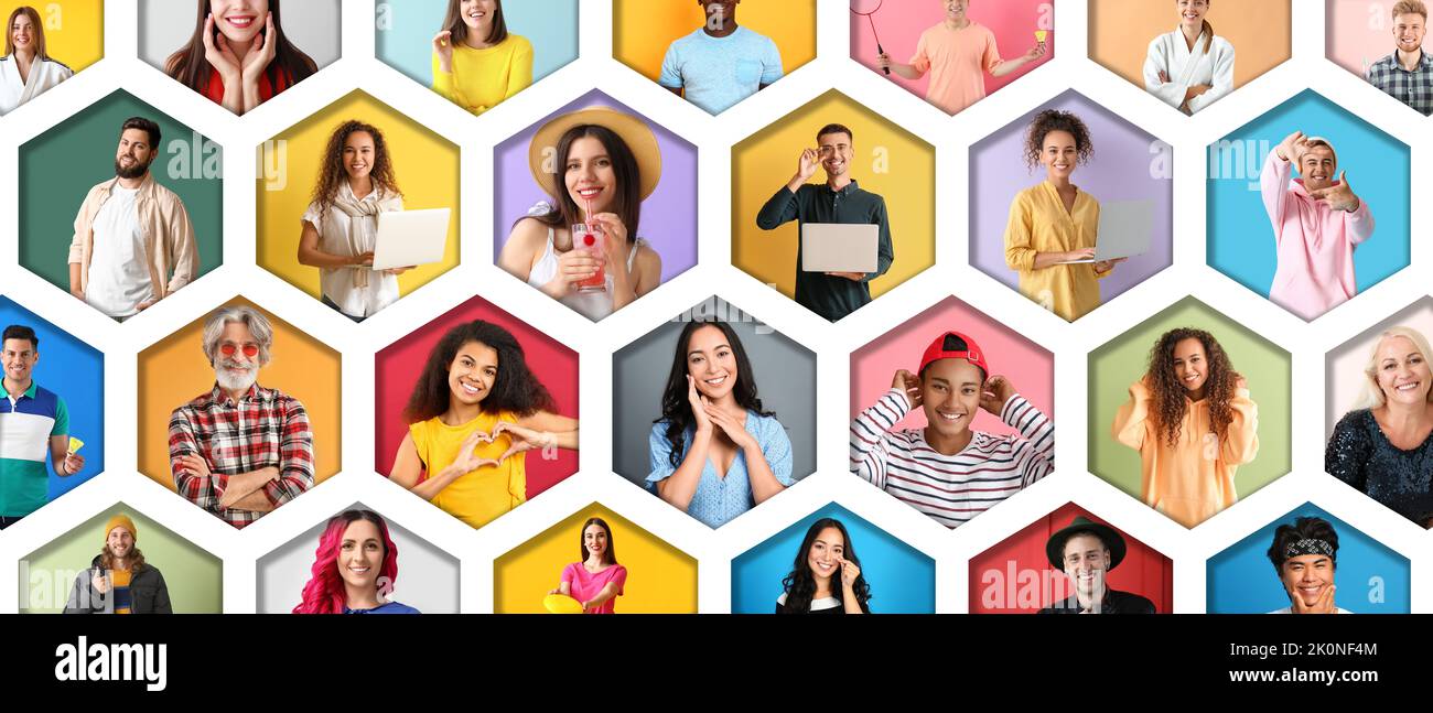 Collage of different happy people on colorful background Stock Photo ...